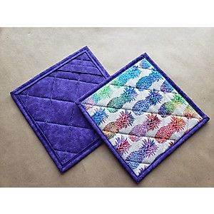 Rainbow Pineapple Potholders Set of 2 Handmade Hospitality Hostess Gifts Under 20 Summer Kitchen Linens Insulated Hot Pads Pair Quilted Trivets Charleston SC Themed Kitchen Decor