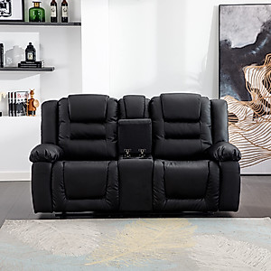 Faxu Leather Double Reclining Loveseat Sofa with Center Console, Manual Recliner Motional Couch w/Easy Pull Handles and Adjustable Footrest, 2-Seater Wall Hug Sofa & Couch Home Theater Seating