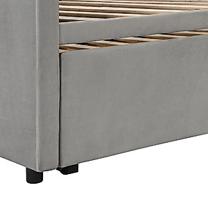 CITYLIGHT Velvet Extendable Daybed Frame Twin to King Design, Twin Daybed with Pop up Trundle, Upholstered Sofa Bed Daybed with Wood Slat Support for Bedroom, Living Room, Gray