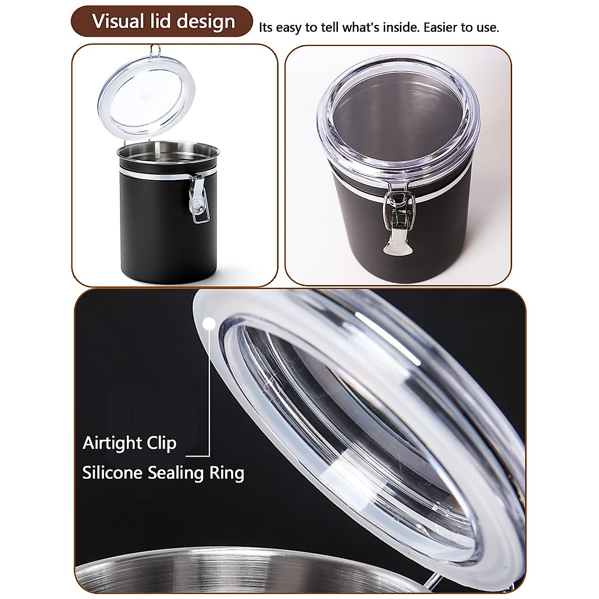 Walktosun Airtight Coffee Canister with Clear Lids, Large Container for Ground Coffee 1.8L/62 floz Stainless Steel Storage Container Jar for Coffee Bean, Cereal, tea, Flour, Sugar (Dark Black)