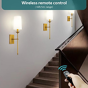 TERLEENART Rechargeable Battery Operated Wall Sconces Set of 2, Modern Mid Century Candlestick Style Wall Light Fixtures with Pure White Cylindrical Fabric Shade and Antique Brass Long Slim Stem