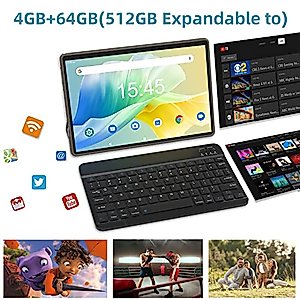 2 in 1 Tablet, 10 inch Android 11 Tablet with Keyboard 4GB+64GB+512GB Expandable Dual Camera, IPS Touch Screen Tablet Computer, WiFi, Bluetooth, Long Battery Life, Google Certified Tablet PC, Black