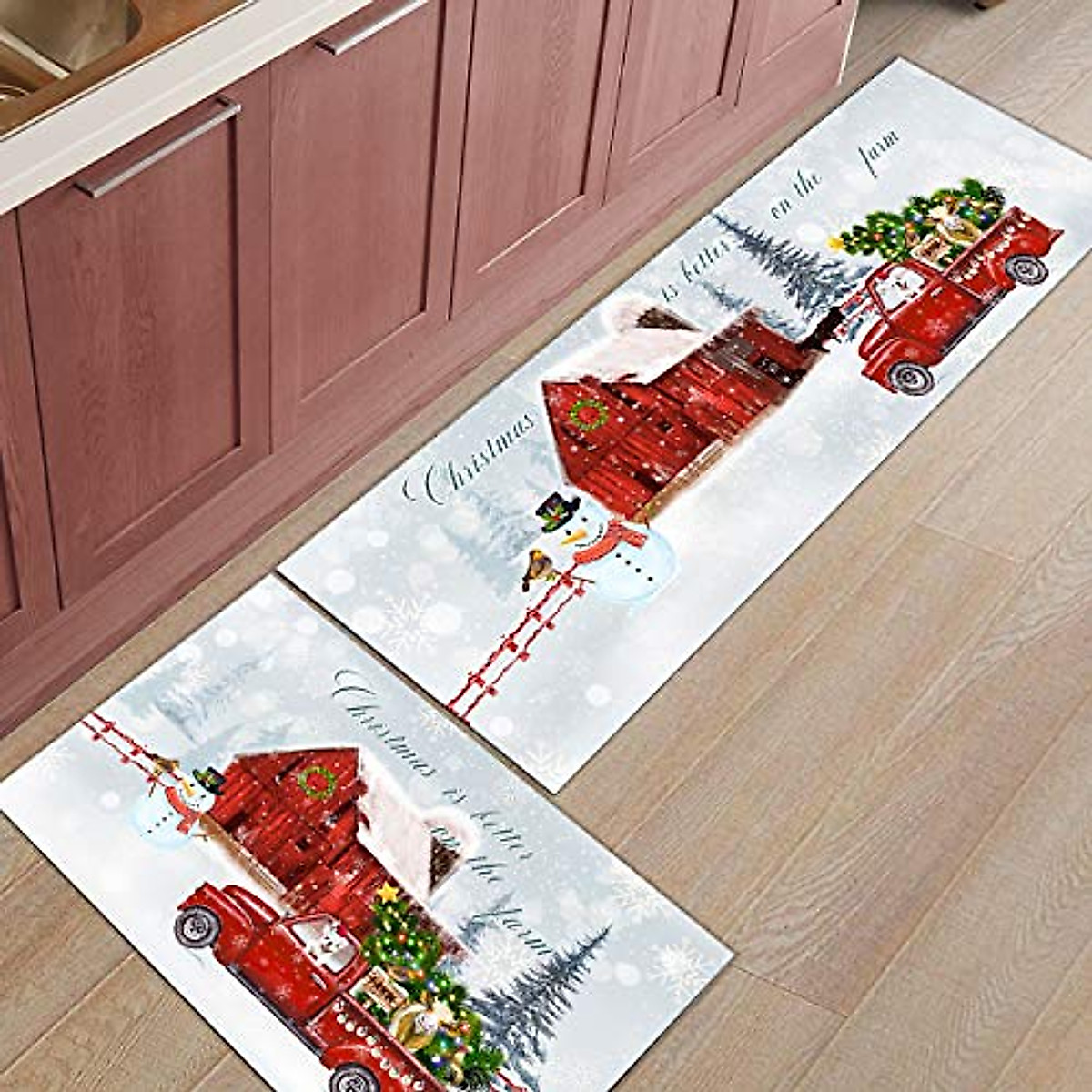 2 Piece Farm Animal Kitchen Rug Set Merry Christmas Indoor Floor Mats for Winter, Xmas Door Mat Runner Rug Carpet Mat for Kitchen Home Decor (15.7" x 23.6"+15.7" x 47.2") - Red Truck Snowy Retro Barn