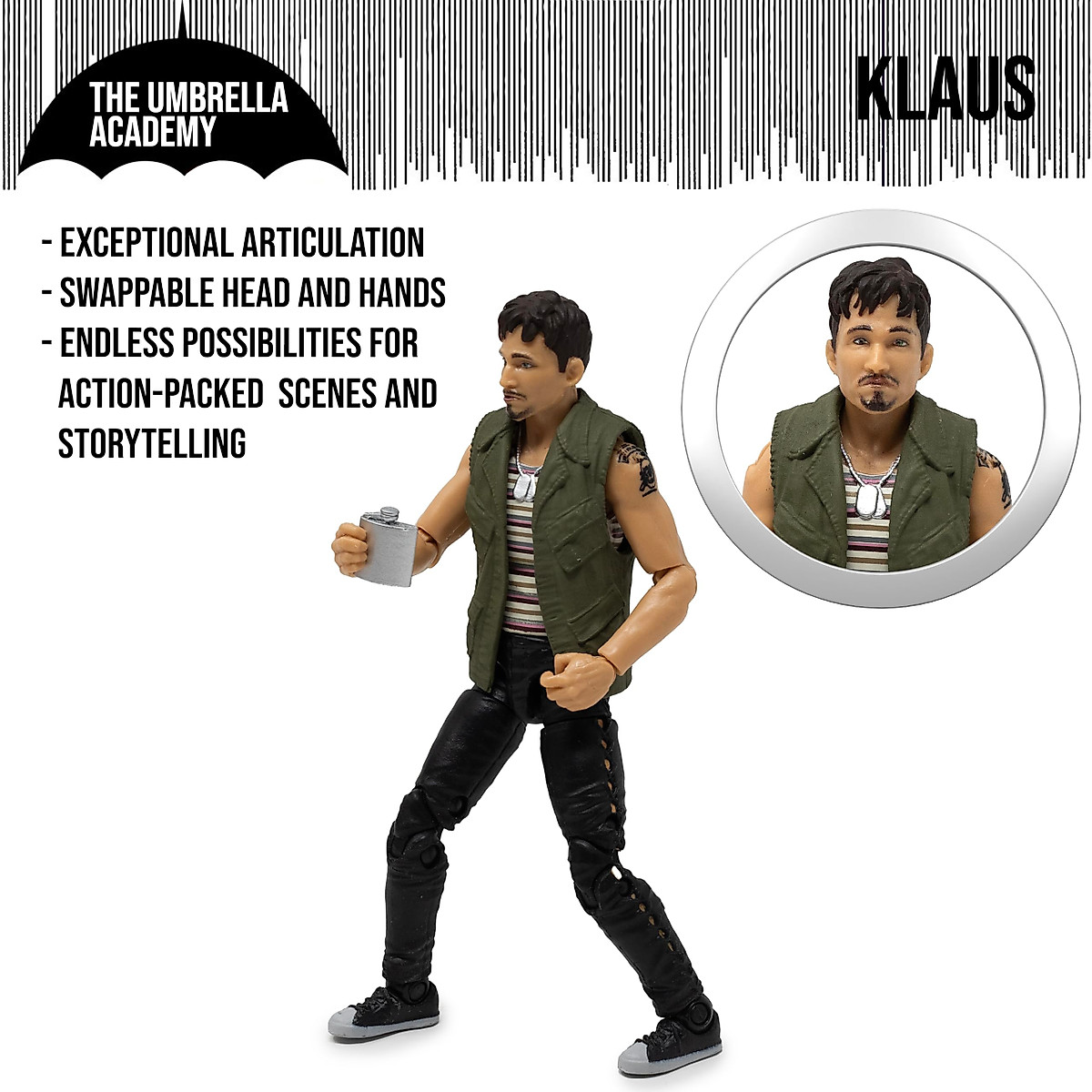 Boss Fight Studio Umbrella Academy Klaus Hargreeves, Number Four Action Figure – H.A.C.K.S., Highly Articulated Collectible & Customizable Figurine with Interchangeable Parts & Accessories – 1:18