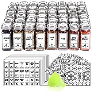 SWOMMOLY 48 Glass Spice Jars with 806 White Spice Labels, Chalk Marker and Funnel Complete Set. Square Spice Bottles 4 oz Empty Spice Containers, Airtight Cap, Pour/sift Shaker Lid