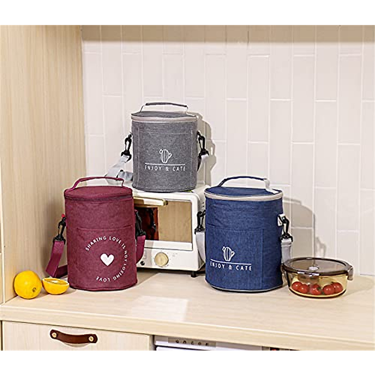 Dezapuby Waterproof Oxford Bento Bag Portable Round Insulated Lunch Bag with Removable Strap Thicken Aluminum Cooler Bag Two-way Zipper for Women and Men Work Travel Picnic (Gray)