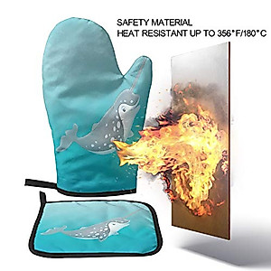 Foruidea Narwhal Oven Mitts and Pot Holders Sets Kitchen Heat Resistant Oven Gloves for BBQ Cooking Baking Grilling Machine Washable (2-Piece Sets)