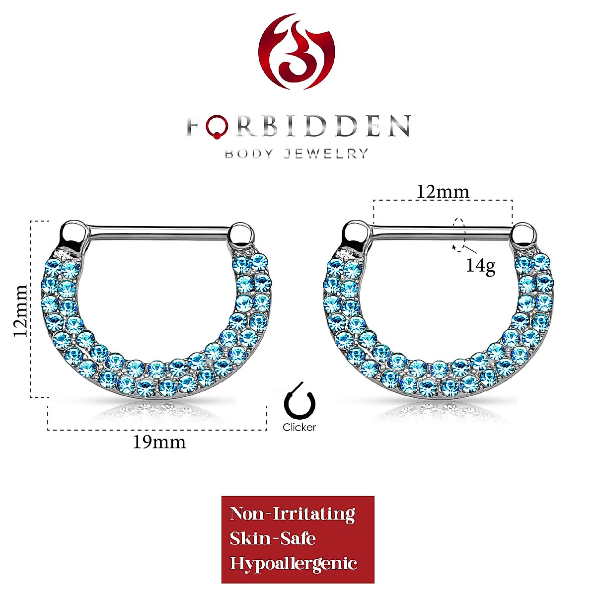 Forbidden Body Jewelry 14G Surgical Steel Double Lined Aqua Blue Crystal Gemmed Nipple Piercing Clicker Ring Set