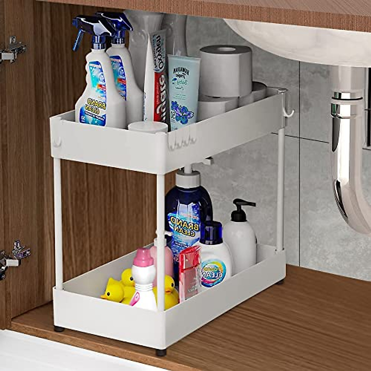 C&AHOME Under Sink Organizers, 2-Tier Kitchen Bathroom Storage Cabinet with Hooks, Counter top Storage Rack, Cabinet Organizer Baskets, Multipurpose Storage Shelf Ideal for Kitchen, Bathroom, White