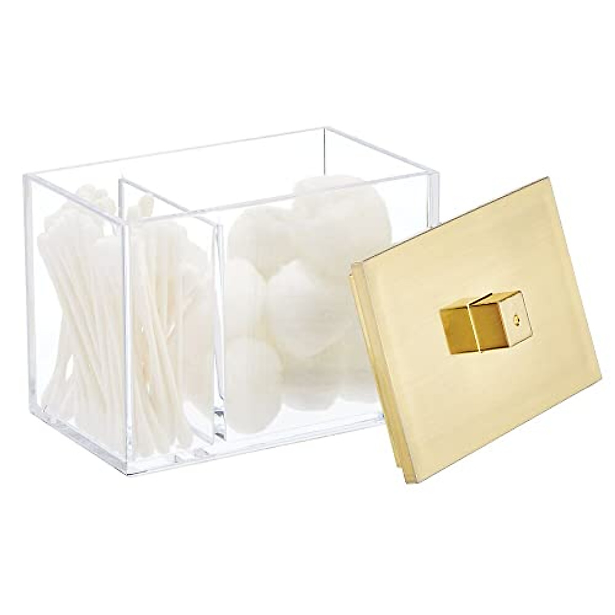mDesign Modern Square Bathroom Vanity Countertop Storage Organizer Canister Jar for Cotton Swabs, Rounds, Balls, Makeup Sponges, Bath Salts - 2 Divided Sections - Clear/Soft Brass