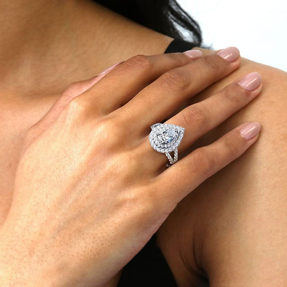 BERRICLE Sterling Silver Halo Wedding Engagement Rings Pear Cut Cubic Zirconia CZ Statement Cocktail Split Shank Ring for Women, Rhodium Plated Size 5