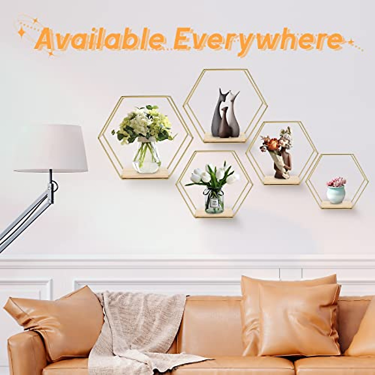 Wall Mounted Hexagonal Floating Shelves Set of 5 in Different Sizes, Modern Metal Wall Shelf, Simple Wood Partition Storage Shelves, Gold Wall Decor Rack for Bedroom, Living Room, Kitchen and Office
