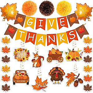Ouddy Life Thanksgiving Party Decorations, Thanksgiving Hanging Decoration Include Give Thanks Banner Maple Leaves Garland Balloon Paper Pom for Thanksgiving Fall Home Classroom Indoor Office Supplies