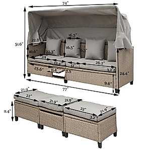 Quarte 4 Piece Outdoor Sectional Sofa Set, Patio UV-Proof Resin Wicker Sofa Set with Retractable Canopy, Cushions and Lifting Table