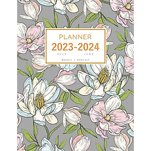 Planner July 2023-2024 June: 8.5 x 11 Weekly and Monthly Organizer | Magnolia Flower Garden Design Gray