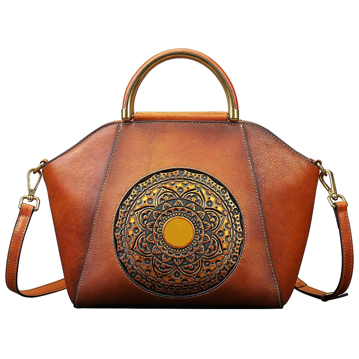 Zhuoliang Italian Retro Leather Handbags Vintage Embossing Totem Satchel + Handmade Mandala Totem Purse