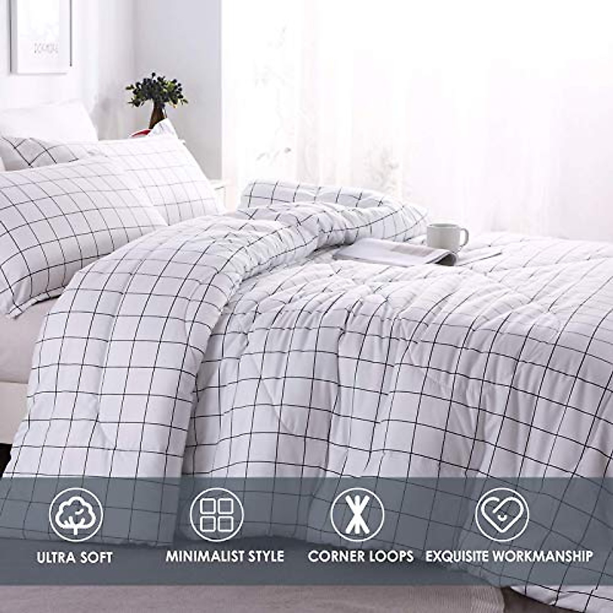 Andency White Grid Comforter Set Twin Size (66x90 Inch), 2 Pieces(1 Grid Comforter and 1 Pillowcase), Summer Lightweight Microfiber Down Alternative White Comforter with Black Lines for Kids Girls