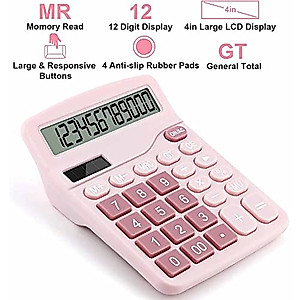 Office Desk Calculator, Cute Calculator for Kids, 12 Digits Battery Dual Power Financial Calculator with Big Button Large Display for Office Home and School (Pink)