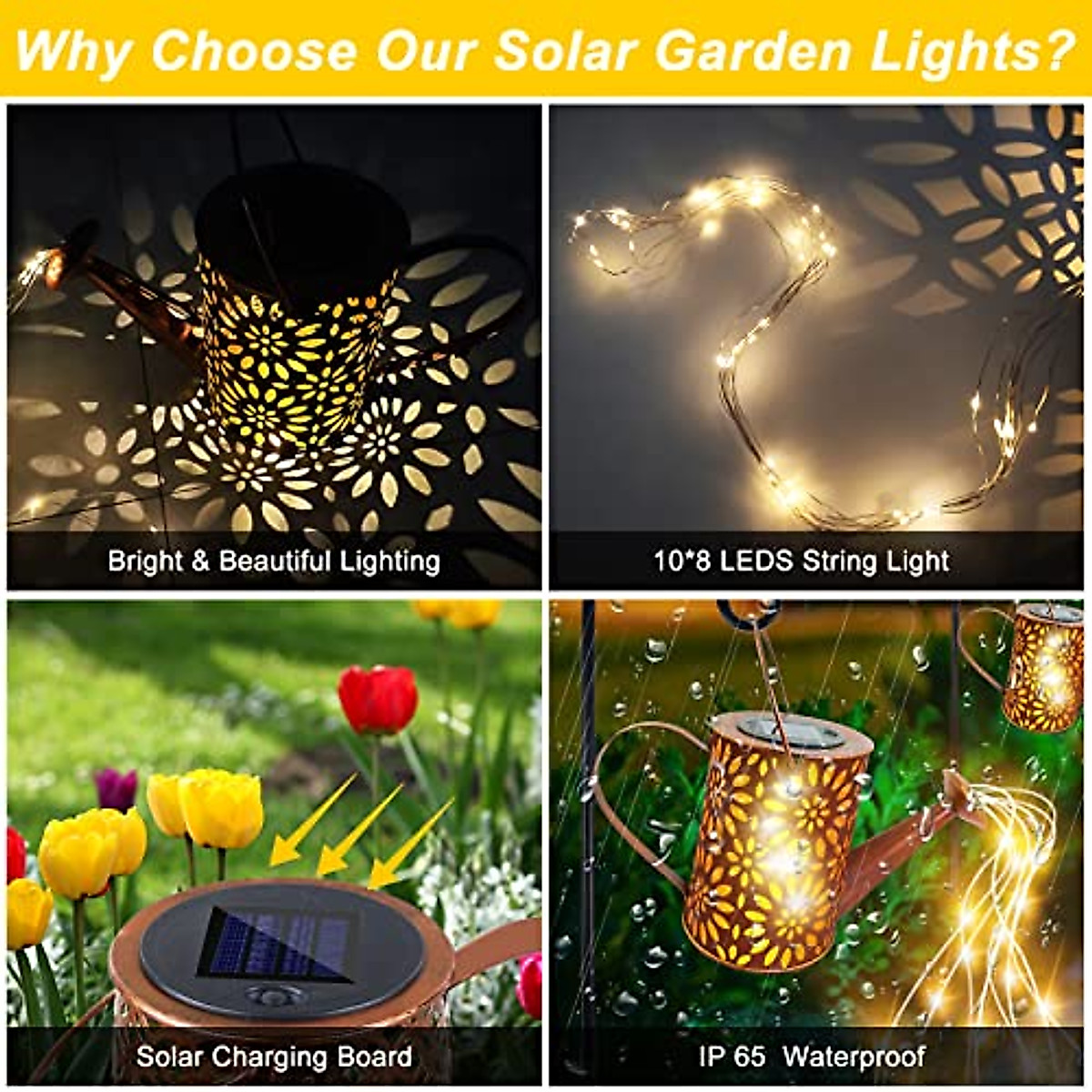 Watering Solar Can Lights Outdoor Waterproof Powered, Large Solar Outdoor Light with Cascading Lights, Solar Lantern Garden Lights with Shepherds Hook for Patio Yard Pathway Mother's Day Gifts