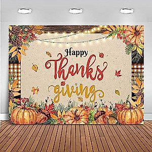 Mocsicka Fall Thanksgiving Party Decorations Rustic Wood Maple Leaves Pumpkin Photography Background Happy Thanksgiving Farm Harvest Photo Booth Props (7x5ft)