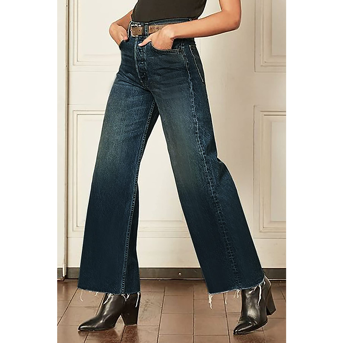 PEIHOT Mid Waisted Wide Leg Jeans for Women 90S Jeans Mid Rise Pull On Jeans Straight Leg Loose Fit Denim Pants Dark Blue