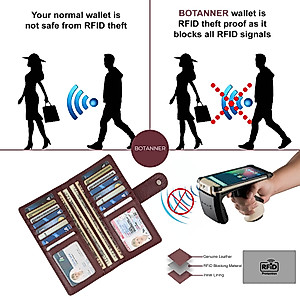 BOTANNER Genuine Leather Womens Clutch Wallet with Tab RFID Blocking 14 Credit Card Slots 2 ID Windows 4 Bill Sections Zipped Section for Coins | Oxblood (Gift for Her)