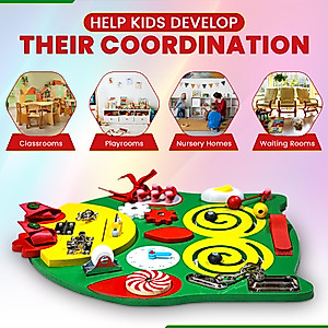 SENSORY4U Owl Sensory Wooden Activity Busy Board - Wood Montessori Experience - Quiet Play Latches Tying Spinning Buttoning