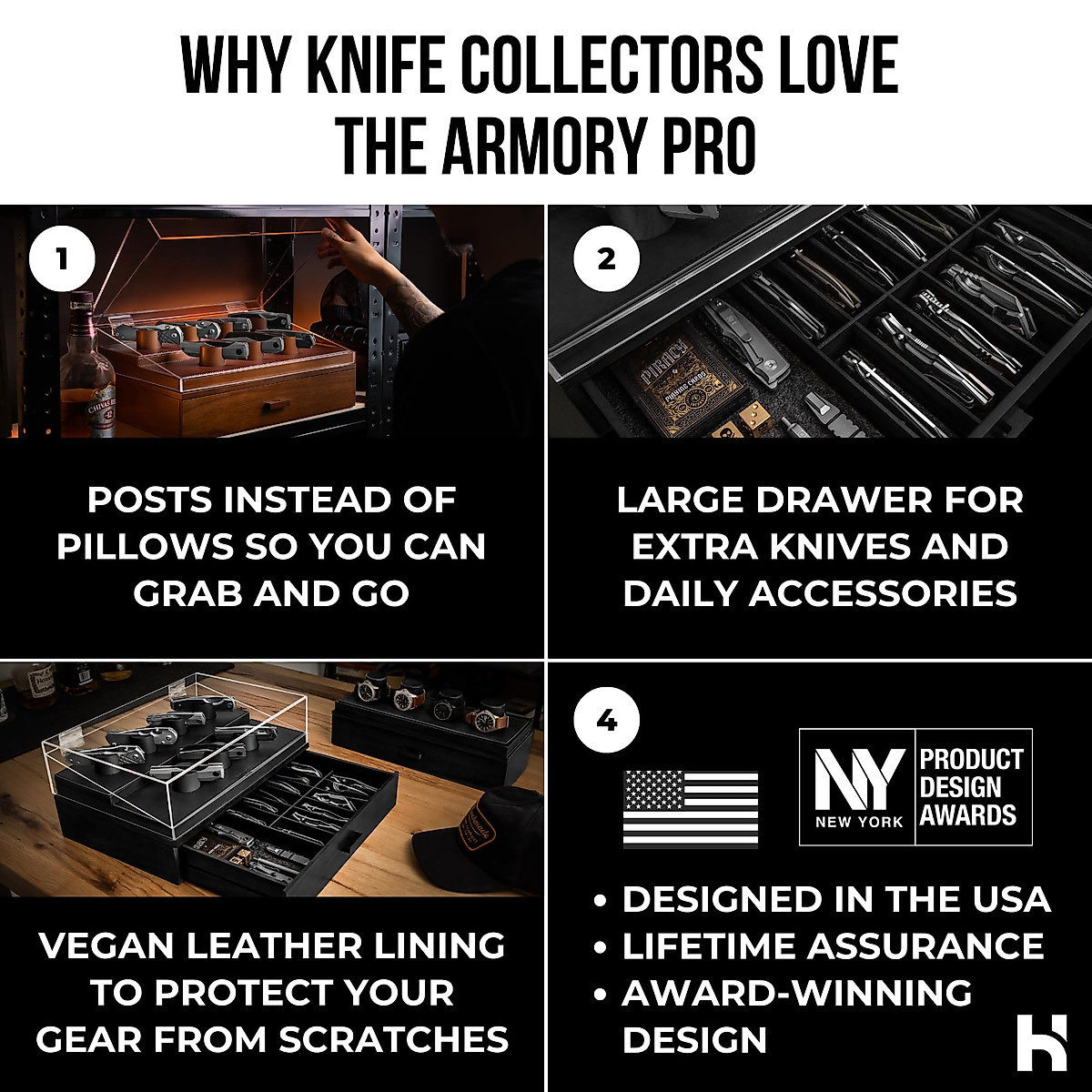 Pocket Knife Display Case – Pocket Knife Case | Knife Cases For Collections – Two-Tier Knife Holder And Knife Display Stand – Pocket Knife Storage Knife Collection Storage Box – The Armory – Black