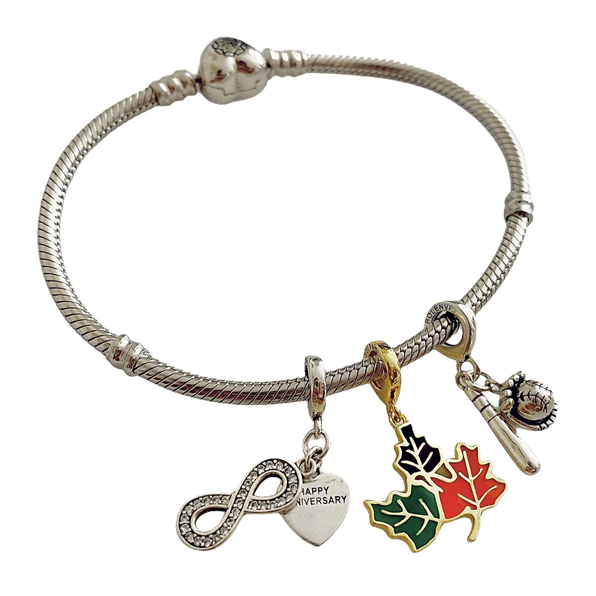 Bolenvi Baseball Bat Glove Sports 925 erling Silver Pendant Charm Bead For Pandora & Similar Charm Bracelets or Necklaces