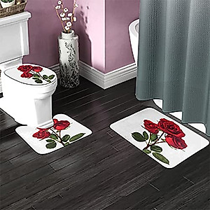 WONDERTIFY Dark Red Three Roses Bathroom Antiskid Pad Beautiful Bouquet Flower 3 Pieces Bathroom Rugs Set, Bath Mat+Contour+Toilet Lid Cover White