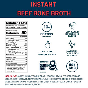 Bare Bones Bone Broth Instant Powdered Beverage Mix, Beef, Pack of 16, 15g Sticks, 10g Protein, Keto & Paleo Friendly