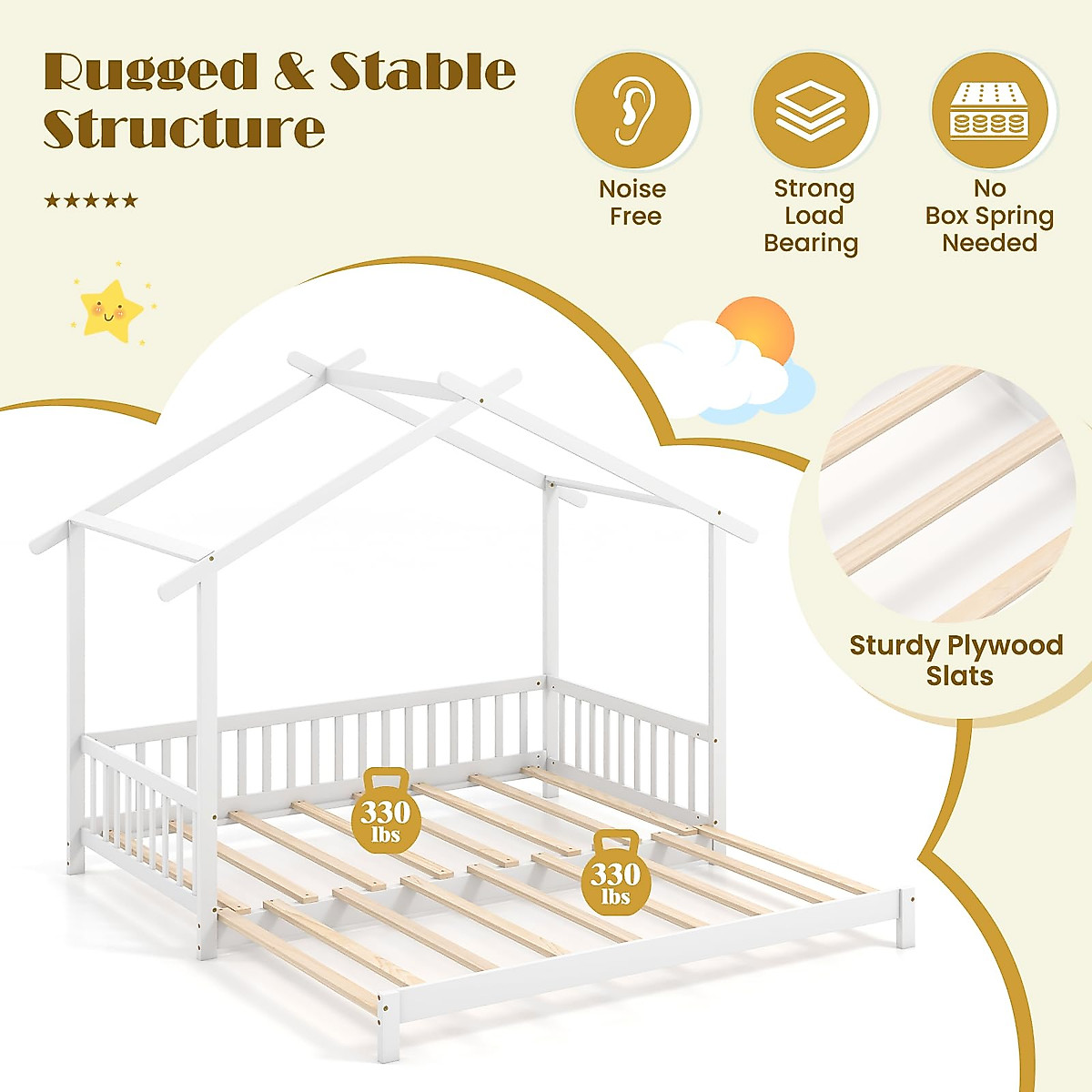 Giantex Wood House Bed for Kids, Twin to King Extendable Daybed with Roof & Fence Rails, Kids Bed for Teens, Boys & Girls, Twin Floor Day Bed, No Box Spring Needed, White