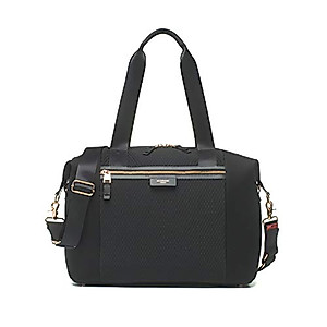 Stevie Luxe Scuba Black Modern Style Baby Diaper Bag by Storksak | Water-Resistant, Large Capacity Multi-Functional Bag with Smooth Leather Trim and Rose Gold Hardware | Shoulder and Stroller Straps