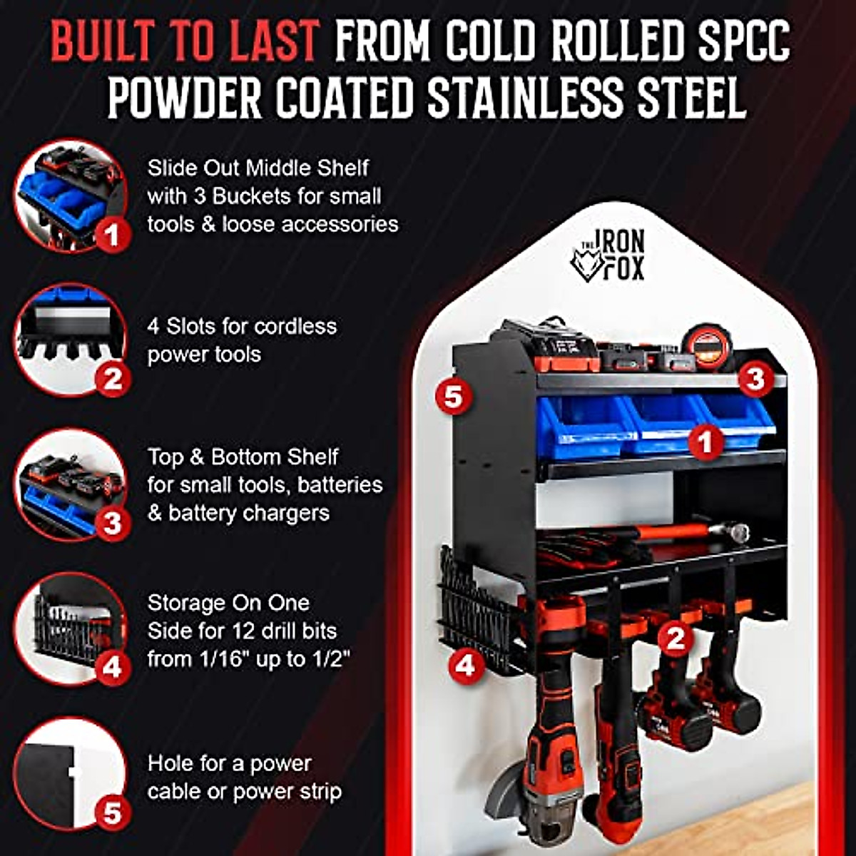 3-Tier Power Tool Organizer Wall Mount Design - Drill Holder Power Tool Storage Rack Holds Cordless Drills, Tools, Batteries, Chargers & More | Heavy Duty Drill Rack Made from Powder Coated Steel