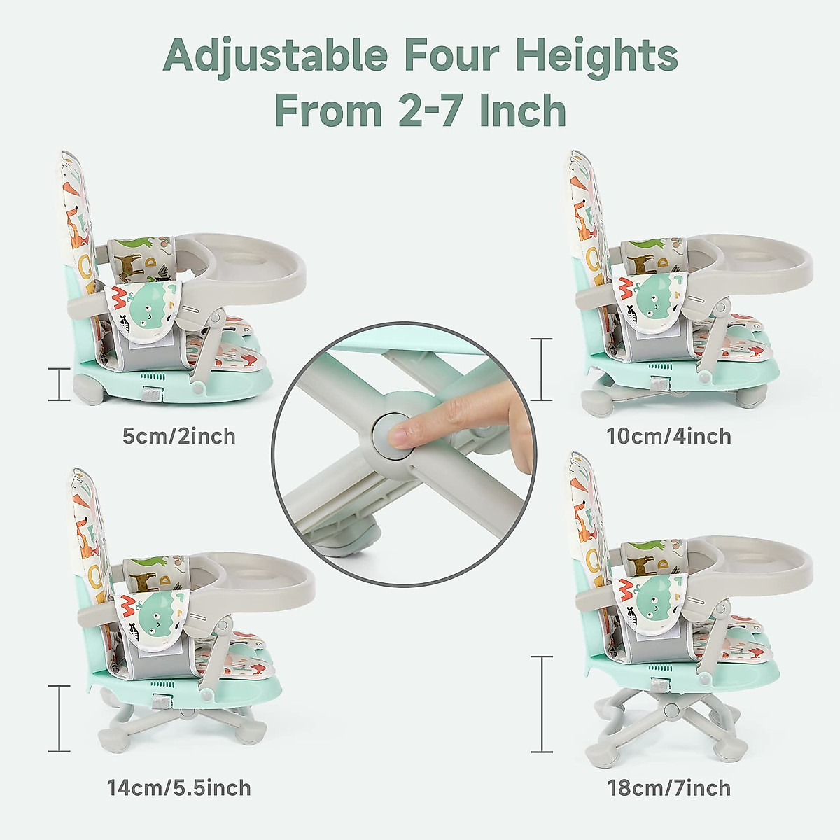 YOLEO Baby High Chair Booster Seat for Dining Table Height Adjustable Toddlers Chair Portable Foldable Highchair with Cushion & Tray Removable(Green)