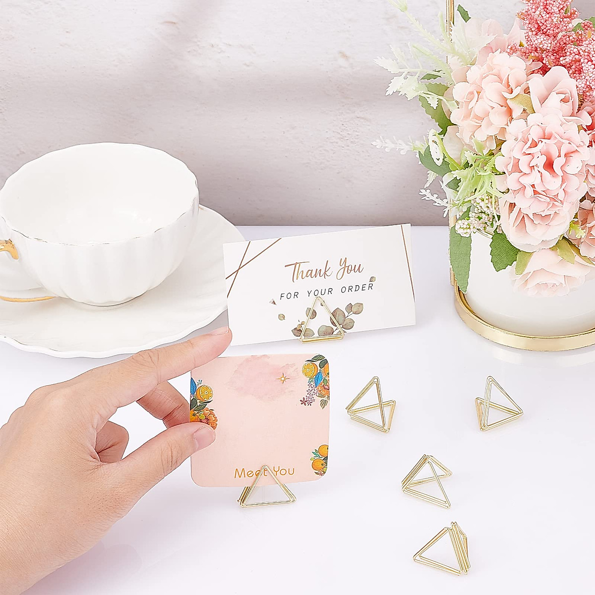 OLYCRAFT 36pcs Mini Place Card Holders Cute Table Card Holders Triangle Shape Wedding Table Number Holders Golden Photo Holder Pictures Stand Clips for Place Cards Weddings Anniversary Party