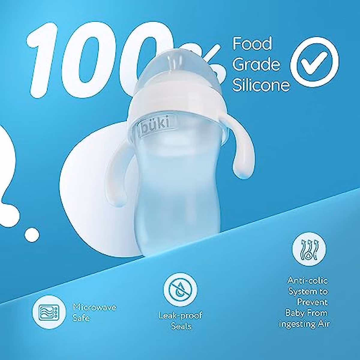 Buki Premium Silicone Baby Bottles Newborn Babies Anti Colic Slow Flow Water Milk Feeding, Breast-Like Nipple, Reduces Air Bubbles, BPA-Free Biberones Anticolicos para Bebes 0-6 for Girl Boy Toddler