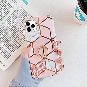 Qokey iPhone 11 Pro Case,Marble Case Cute Fashion for Women Girls Men with 360 Degree Rotating Ring Stand Kickstand Soft TPU Shockproof Cover Designed for iPhone 11 Pro 5.8 Inch Grid Bling