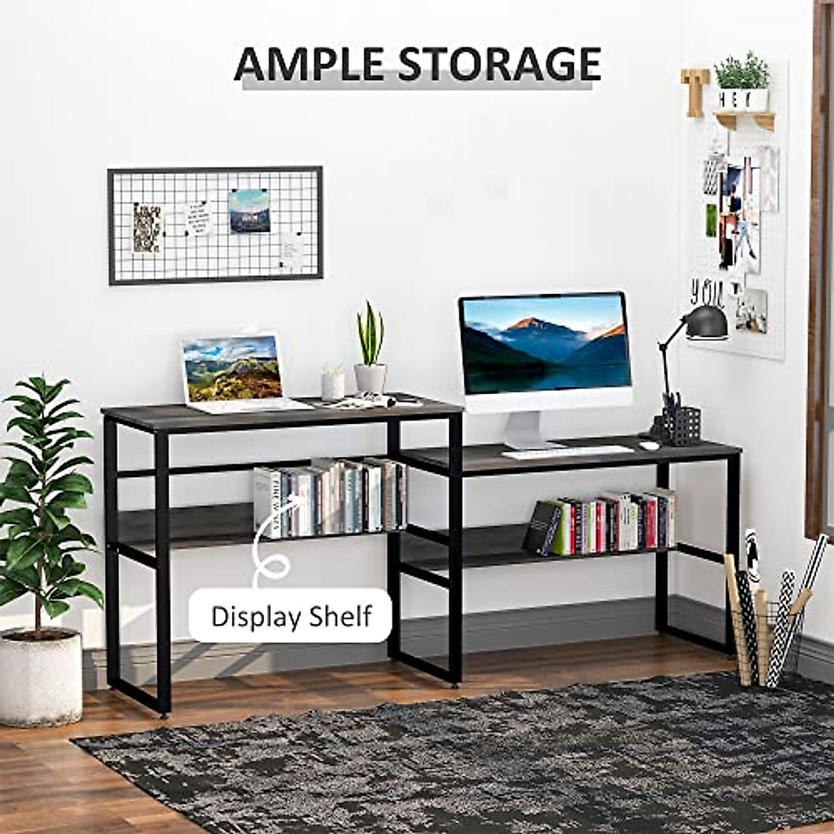 HOMCOM 86.5 Inch Two Person Desk Double Computer Table Writing Desk with Open Shelves Long Storage Workstation for Home Office Black and Grey
