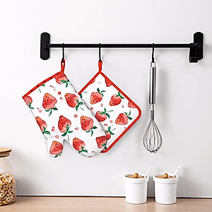 Strawberry Oven Mitts,Strawberry Pot Holders Sets Cute,Kitchen Resistant Hot Pads with Polyester Non-Slip BBQ Gloves for Kitchen, Cooking, Baking,Grilling Oven Glove