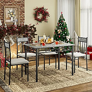 NAFORT 5-Piece Dining Table Set for 4, Vintage Rectangular Kitchen Table and 4 Chairs with Cushion Padded Seat, Metal and Wood Dining Set Kitchen Furniture, Marble Top