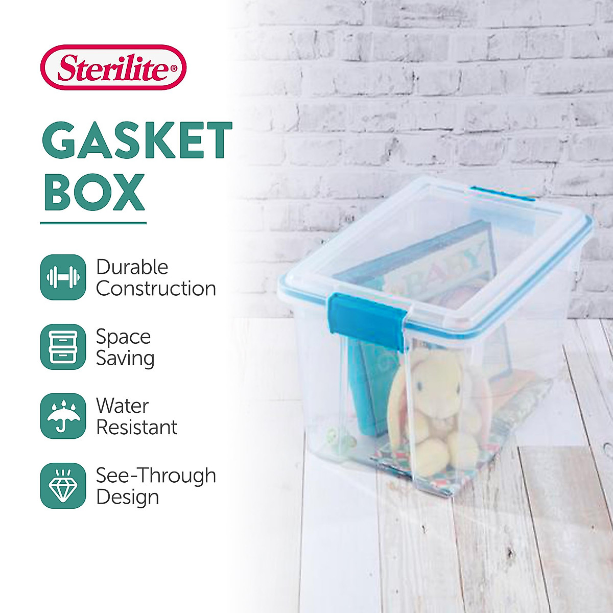 Sterilite 20 Qt Gasket Box, Stackable Storage Bin with Latching Lid and Tight Seal, Plastic Container to Organize Basement, Clear Base and Lid, 6-Pack