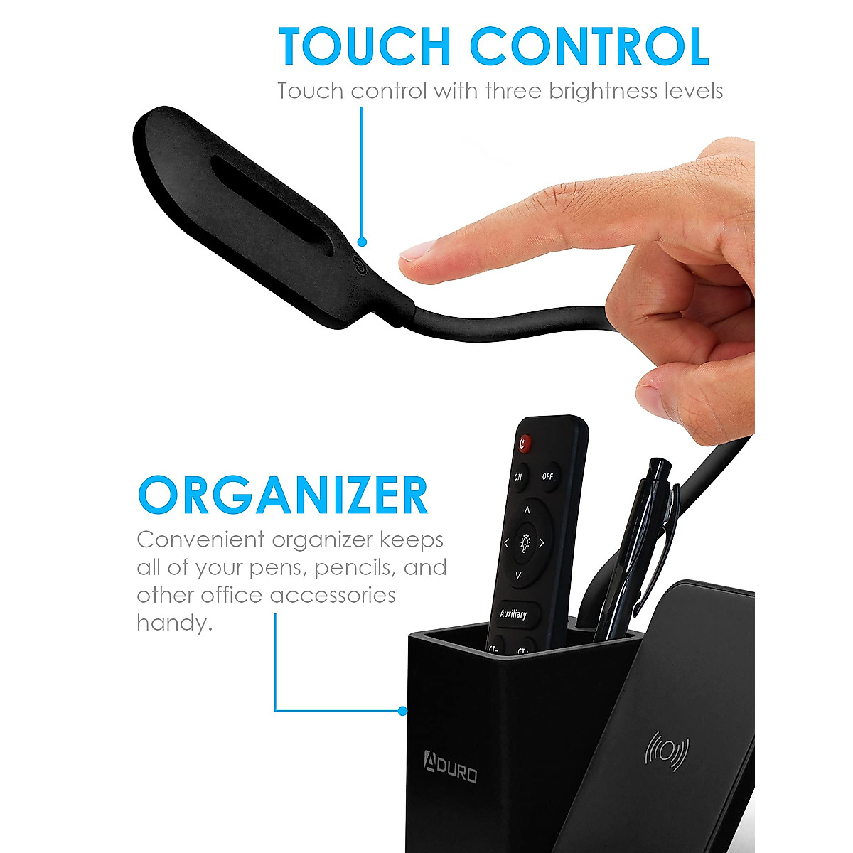 Aduro U-Light LED Desk Lamp Organizer Desk Light with Pen Holder & QI Wireless Charger Stand Black