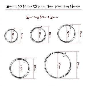 Evevil Fake Nose Ring Clip On Hoop Earrings For Women Faux Lip Septum Ring Spring Endless Hoop Earrings Non Piercing Lobes Men Women (10 Pairs,13mm-25mm,Steel Plated & Black Plated Color)