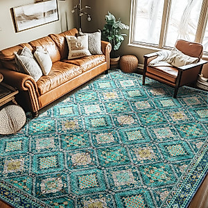 CAPALOCA Area Rug 6x9 Area Rugs Print Machine Washable Area Rug Vintage Boho Area Rug Bohemian Distressed Carpet Non Slip Low Pile Stain Resistan for Living Room Bedroom Teal/Blue/Purple