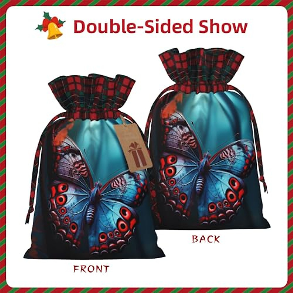 EVANEM Christmas Gift Bags with Drawstring Burlap Gift Bags Butterfly Christmas Linen Bags for Xmas Party Candy Bags with Cards Xmas Reusable Wrapping Bags Christmas Linen Treat Bags for Holiday