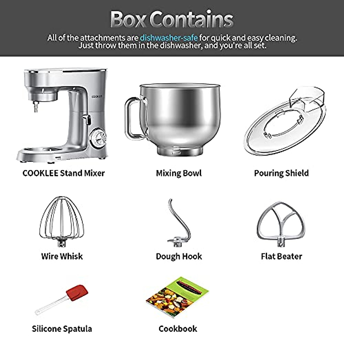 COOKLEE Stand Mixer, 9.5 Qt. 660W 10-Speed Electric Kitchen Mixer with Dishwasher-Safe Dough Hooks, Flat Beaters, Wire Whip & Pouring Shield Attachments for Most Home Cooks, SM-1551, Silver