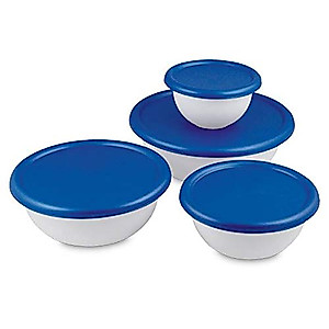 Sterilite 8 Piece Covered Set Bowl, Multisize, White & Blue