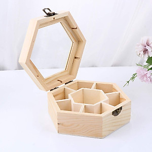Wood Jewelry Storage Box with Hinged Lid Window DIY Hexagon Jewelry Display Case Desktop Compartment Sundries Organizer Unfinished Holder Box Table Organizer