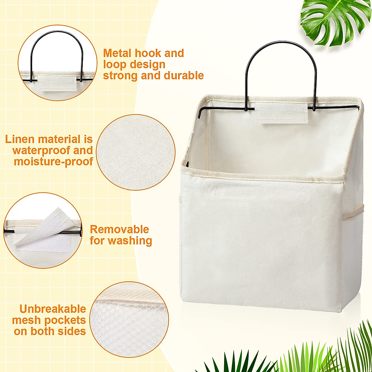 Chumia 6 Pack Wall Hanging Storage Basket Bathroom Closet Hanging Storage Bag Over The Door Hanging Basket Bedroom Wall Storage Organizer Waterproof Linen Cotton Box Containers and 10 Hooks(White)
